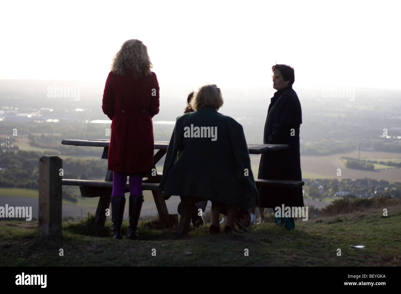 A family group admire the view at Bluebell Hill, Kent, England Stock ...