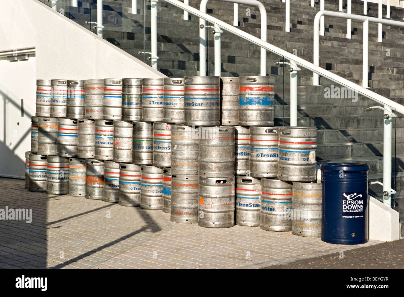 Beer and lager metal casks at Epsom Racecourse Stock Photo - Alamy