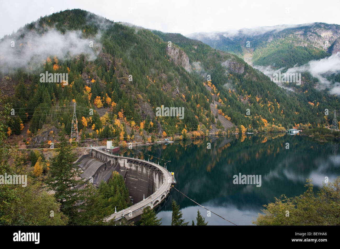 Diablo Dam in the fall. High peaks surround Ross Lake in all directions ...