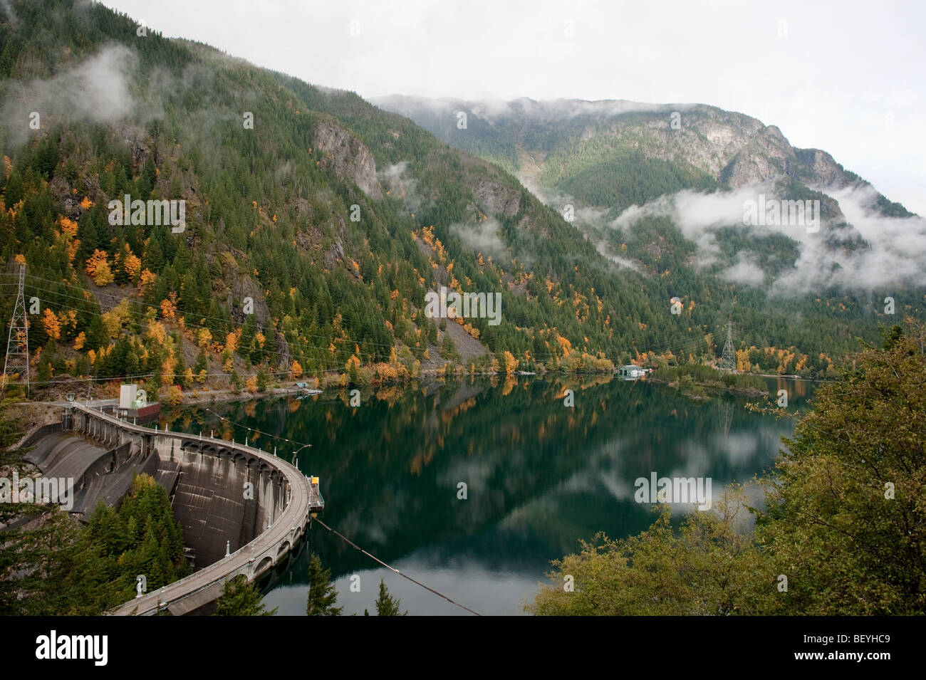 Diablo Dam in the fall. High peaks surround Ross Lake in all directions ...