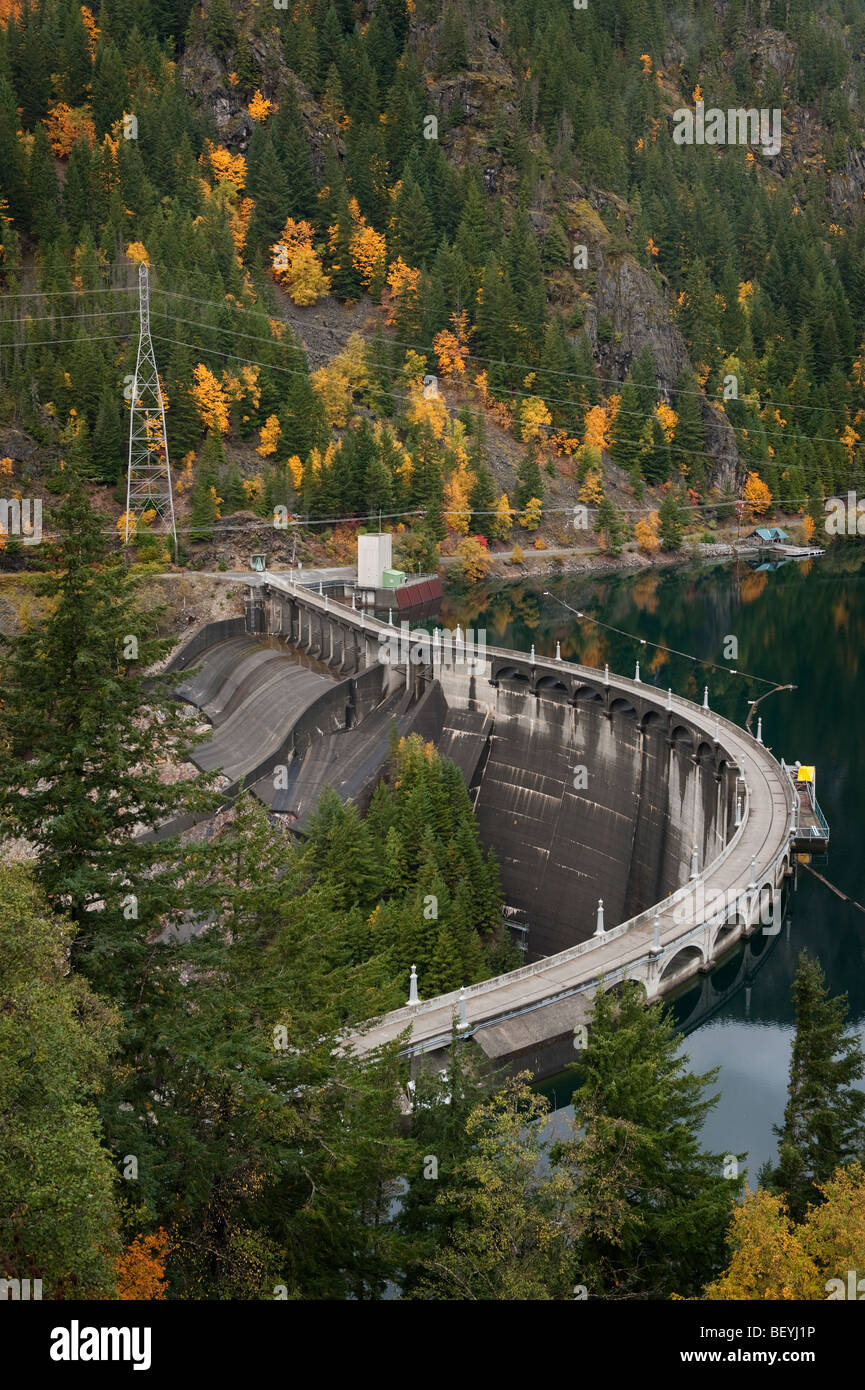 Diablo Dam in the fall. High peaks surround Ross Lake in all directions ...