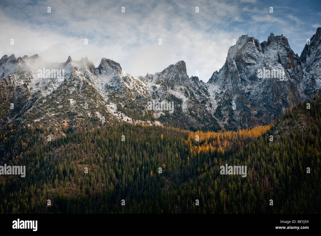 Beautiful North Cascade Mountain range seen from Highway 20. The larch ...
