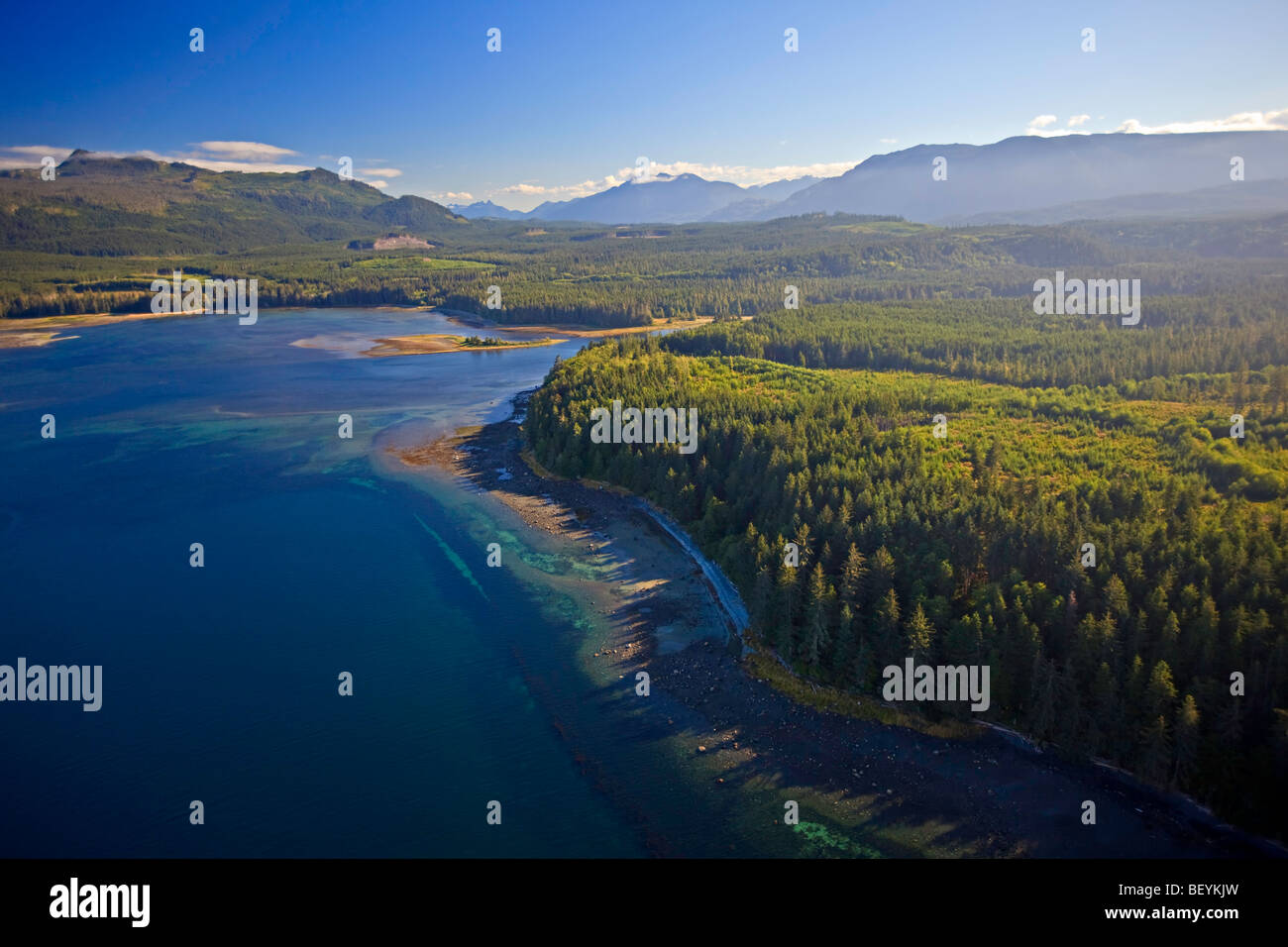 Aerial view of the Nimpkish River Mouth, Broughton Strait, Vancouver ...