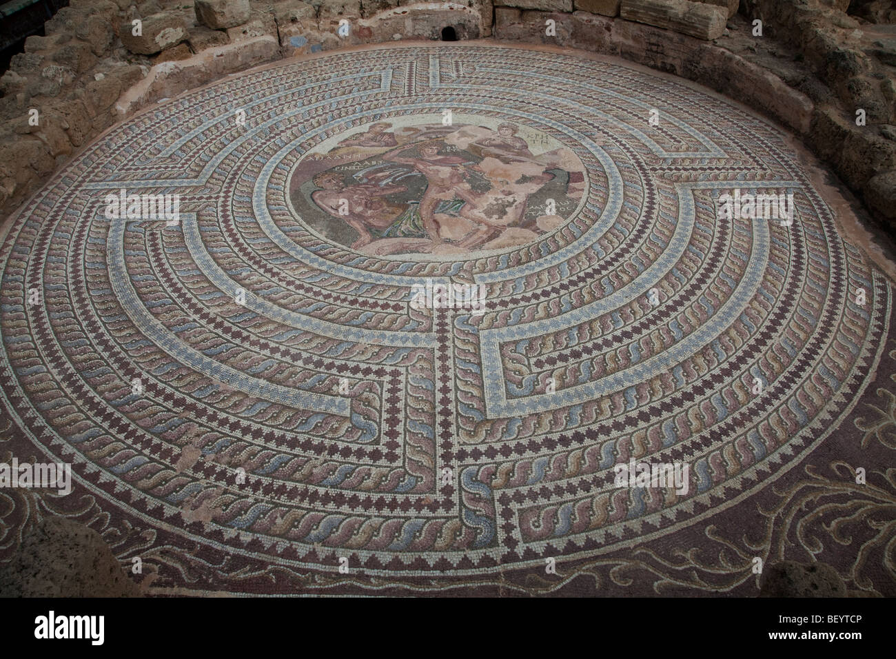 Mosaic of Theseus killing the Minataur in the villa of Theseus at Kato ...