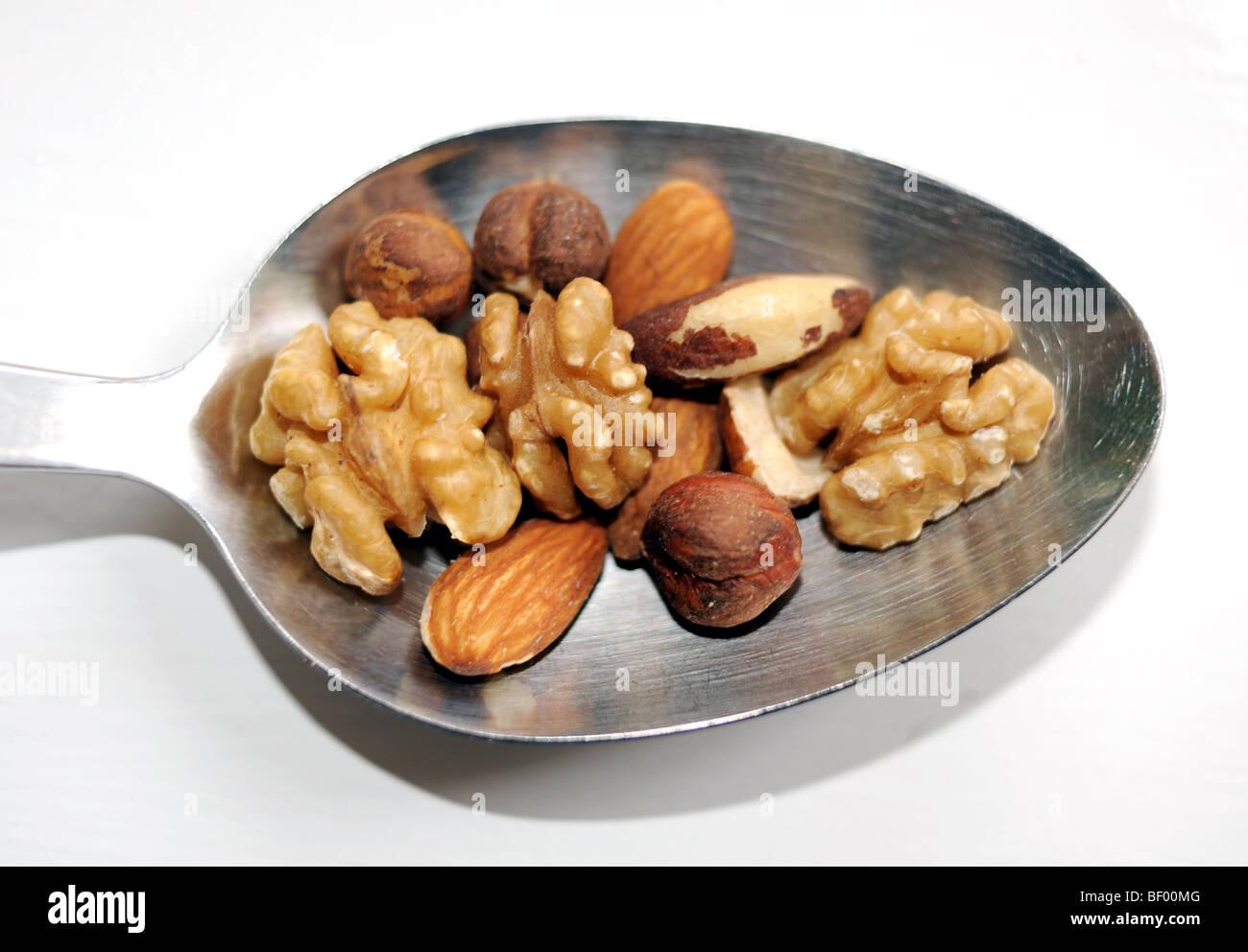 Spoonful of nuts including walnuts hazelnuts brazil nuts and almonds ...