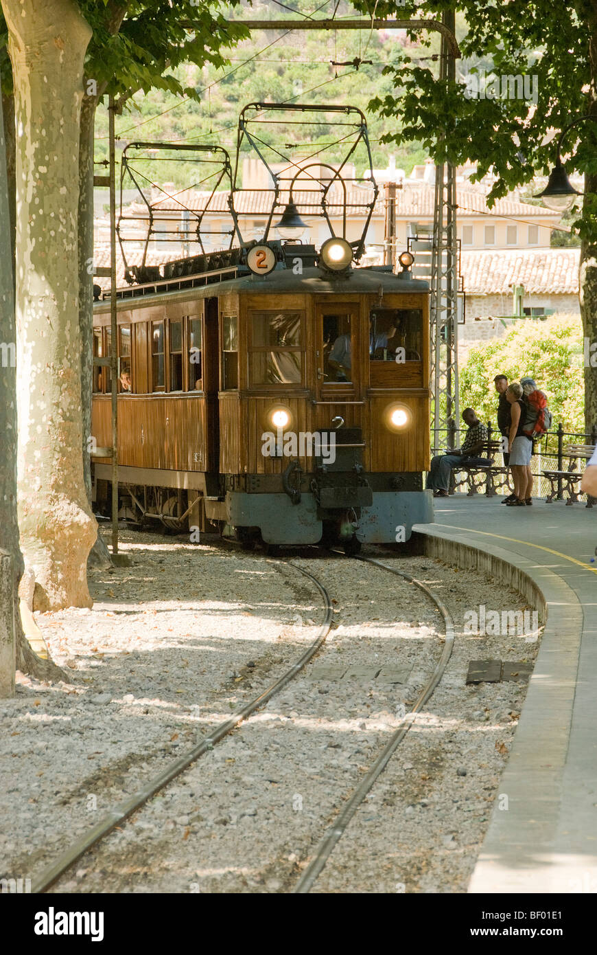 Electric train arriving at Soller, Majorca Stock Photo - Alamy