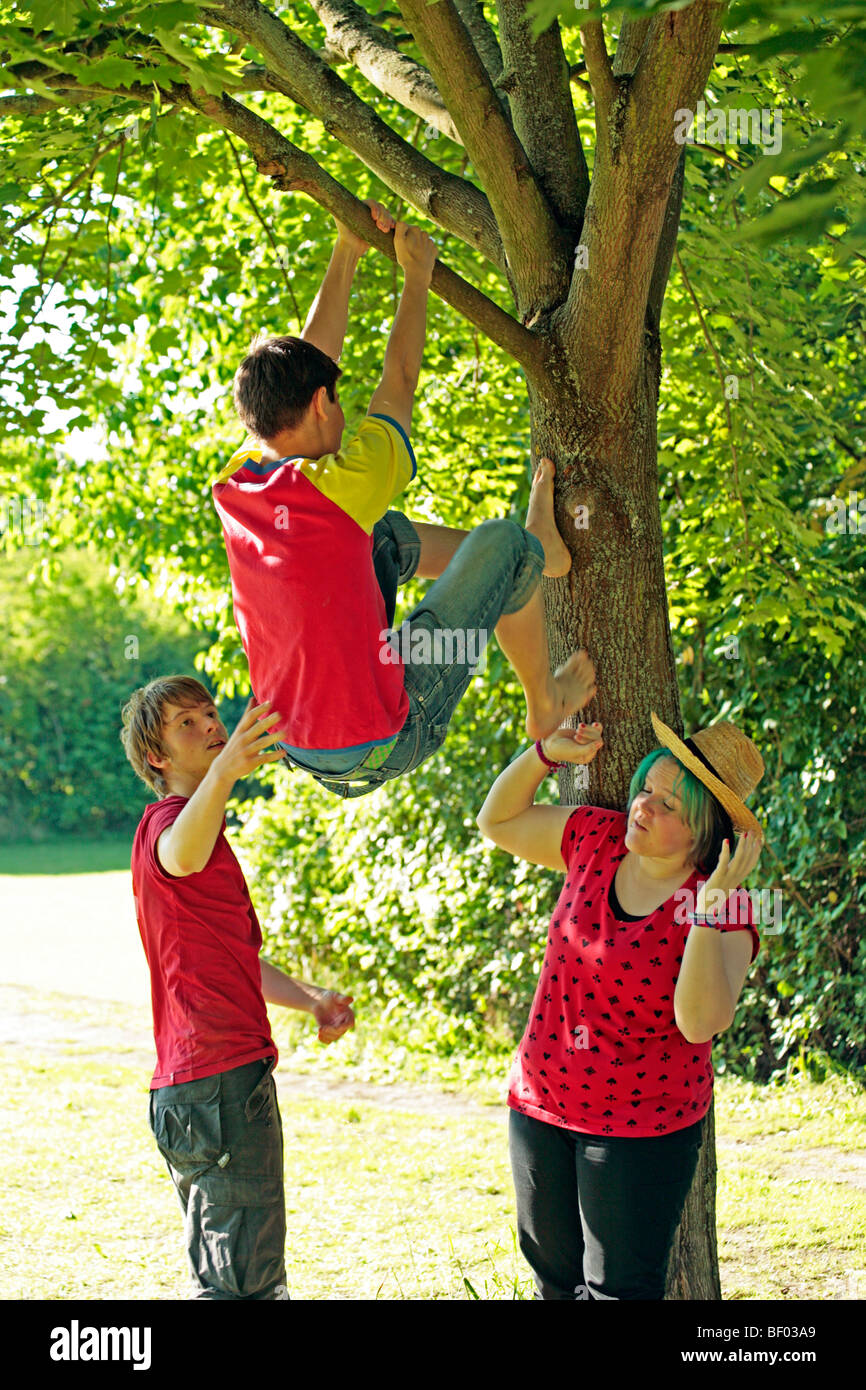 teenage boy climbing a tree, his friends giving him a bunk-up Stock ...