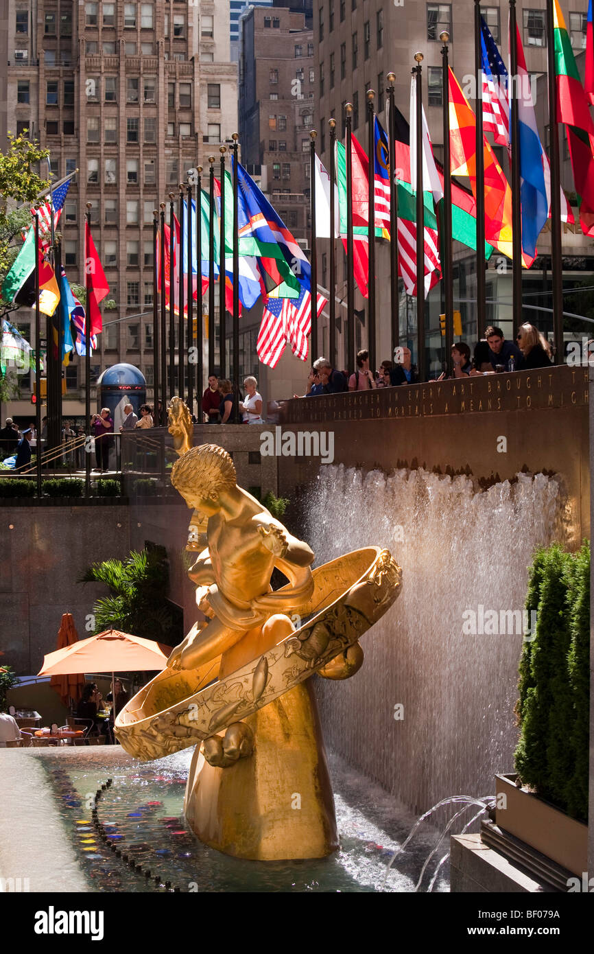 Prometheus golden statue sculpture flag flags hi-res stock photography ...