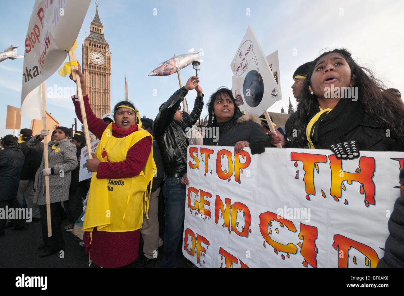 Tamils march in London against Sri Lankan Genocide. Banner and placards ...
