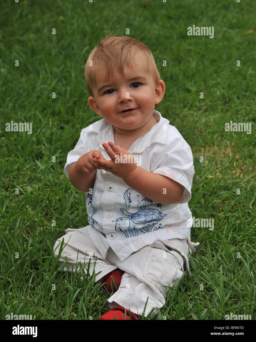 Young boy sitting on grass counting using his fingers Stock Photo - Alamy