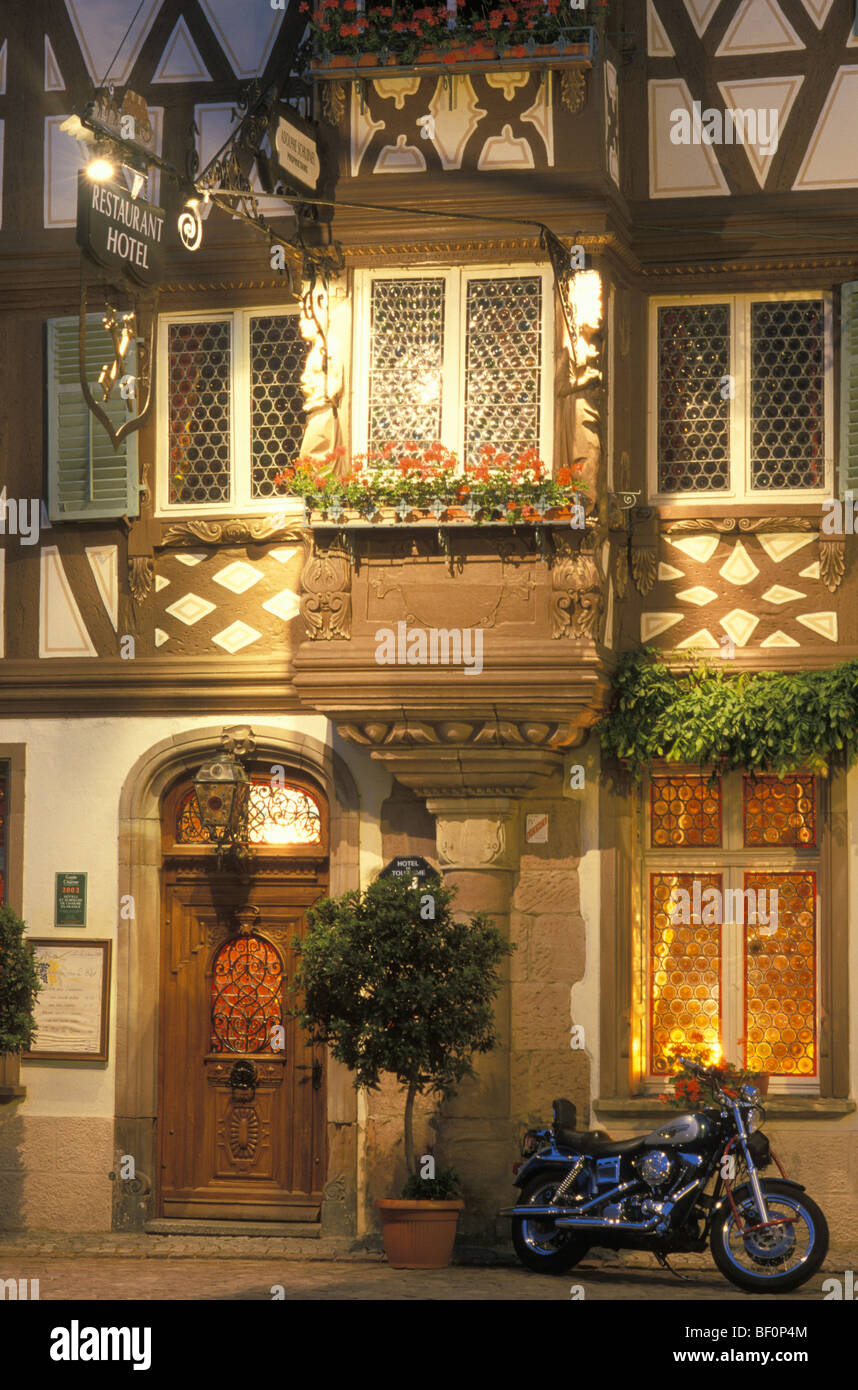 Hotel Restaurant Des Deux Clefs at night in Turckheim, Alsace, France ...