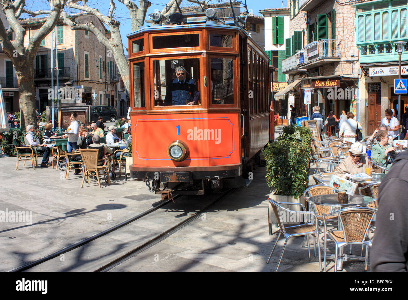 Soller Tram crossing the main square of Sóller, Majorca Island, Spain ...