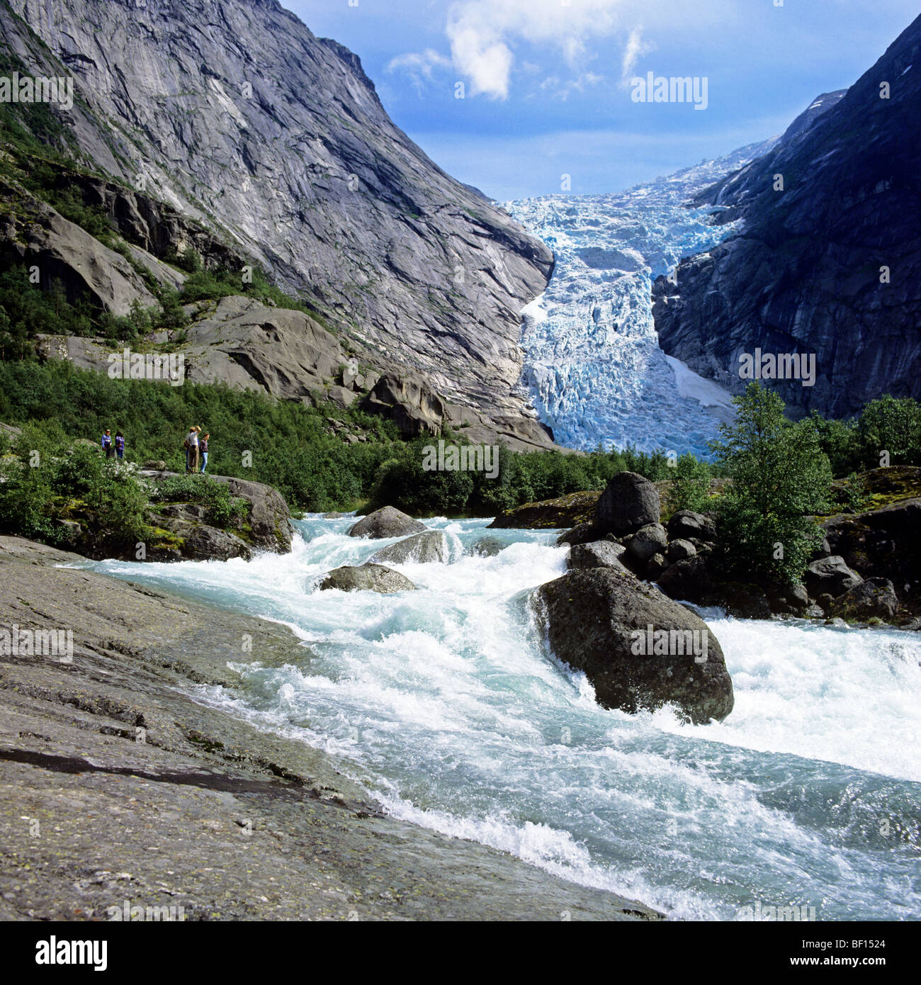 Briksdal Glacier and waterfall, part of the Jostedal glacier ice field ...