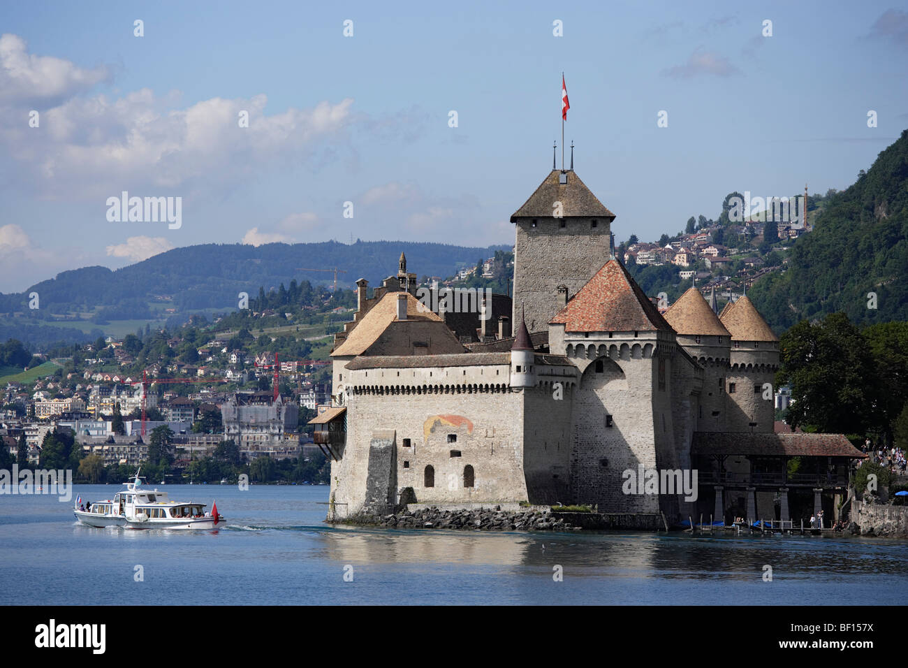 Chillon Castle at Lake Geneva, Veytaux, Vaud, Switzerland Stock Photo ...