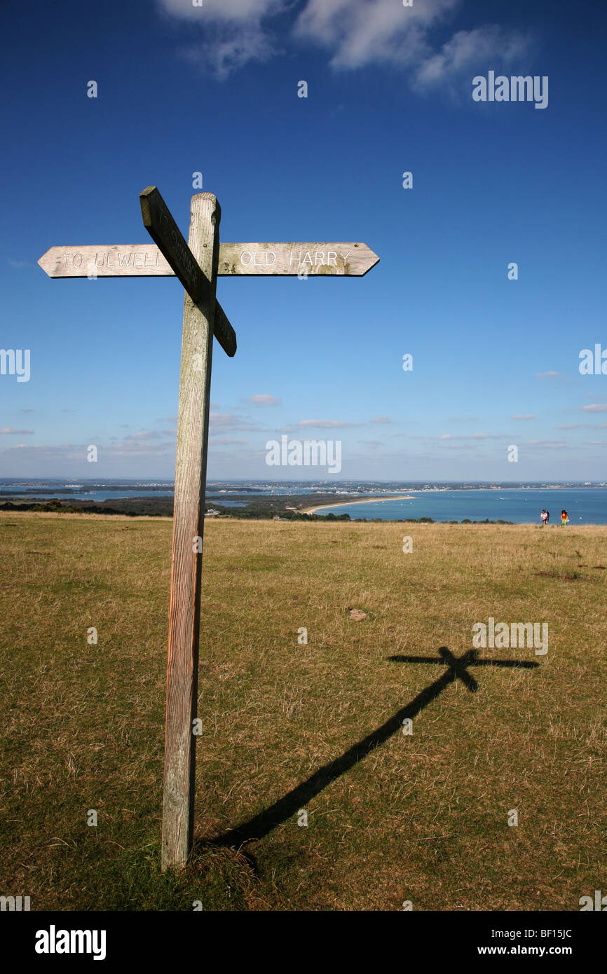 Sign post on the cliff top footpath near Old Harry Rocks on Dorset's ...