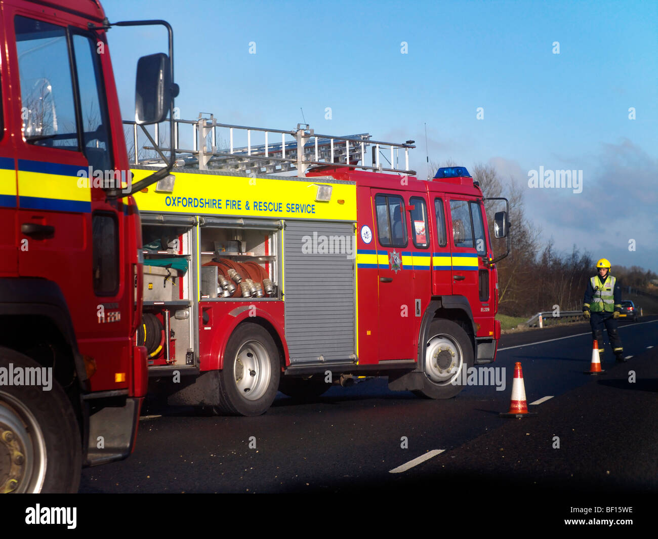 Motorway Accident Fire and Rescue Services M40 Stock Photo - Alamy