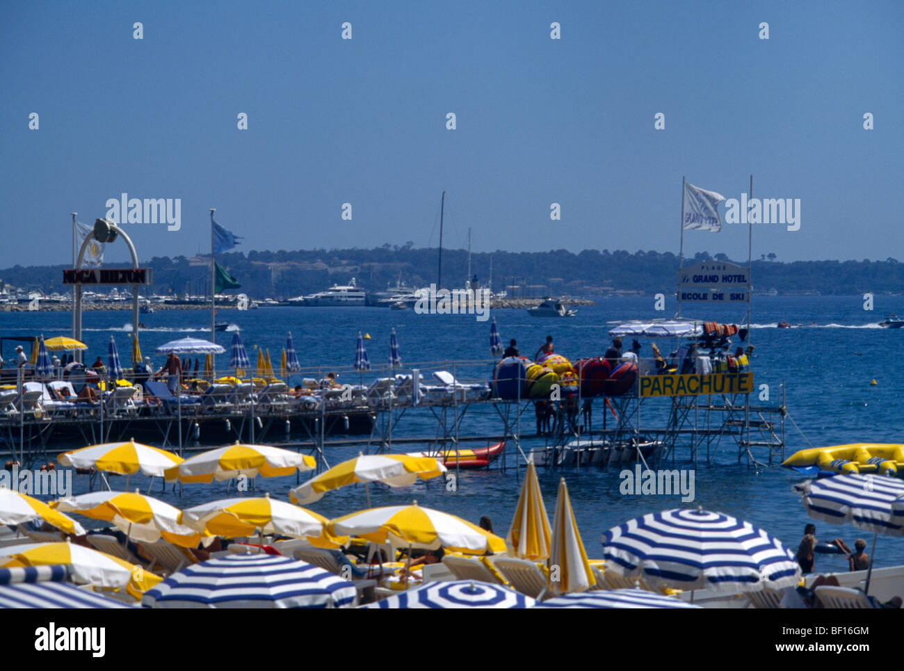 Cannes France Crowded Beach People Sunbathing Under Parasols And People ...