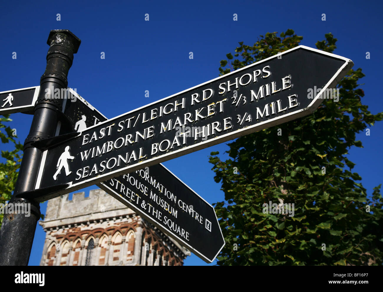 Tourist signpost near the Minster church in the market town of Wimborne ...