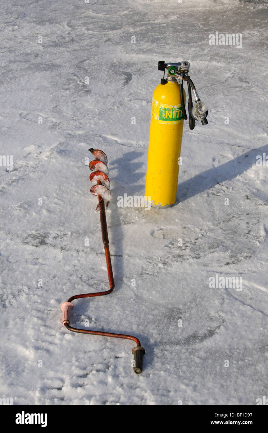 nitrox safety tank and ice drill, White Sea, Russia Stock Photo - Alamy