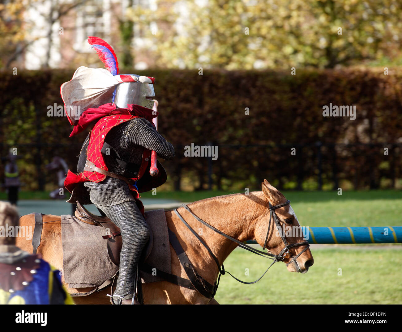 A knight at the joust on his destrier. The Robin Hood Pageant organised ...