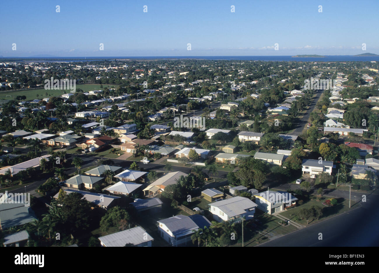 AERIAL TOWN, Australia. Mackay. Midway beteen Brisbane and Cairns ...