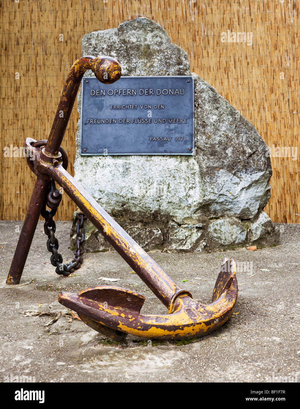Ships anchor memorial at the confluence of the Danube and Inn rivers at ...