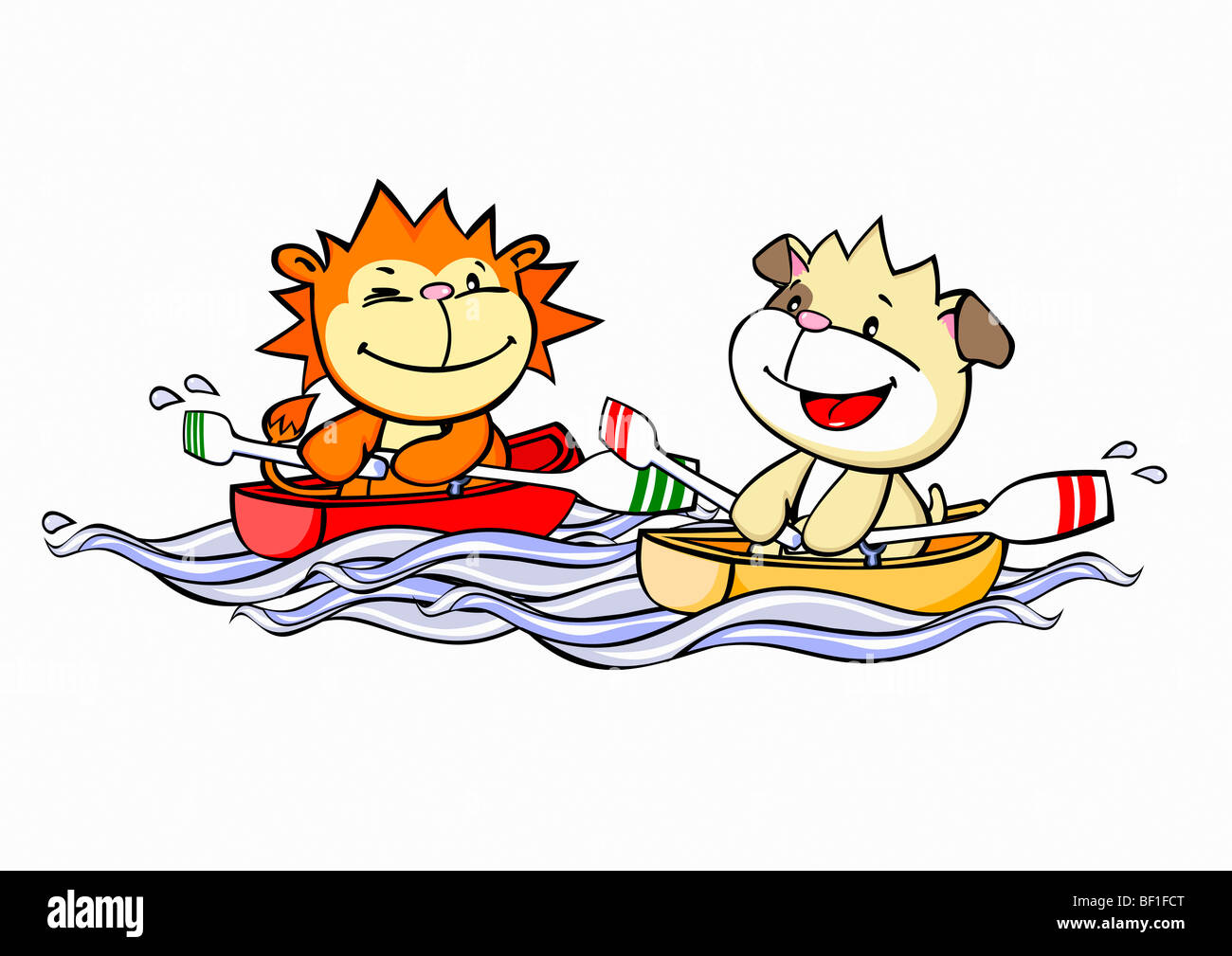 A cartoon lion and dog rowing boats Stock Photo - Alamy