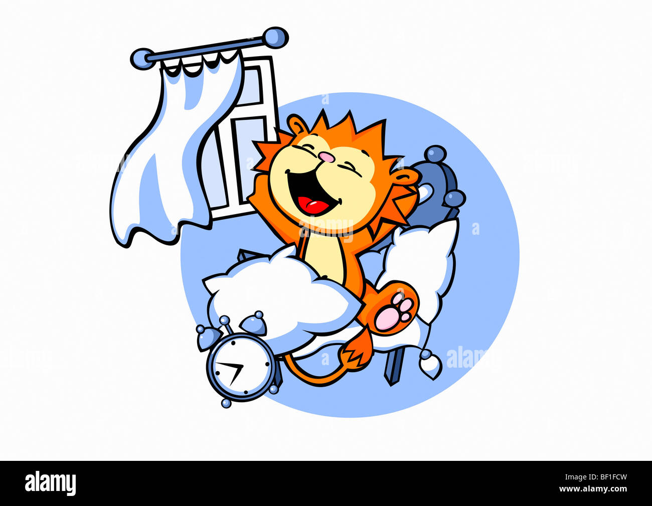 A cartoon lion waking up in a bedroom Stock Photo - Alamy