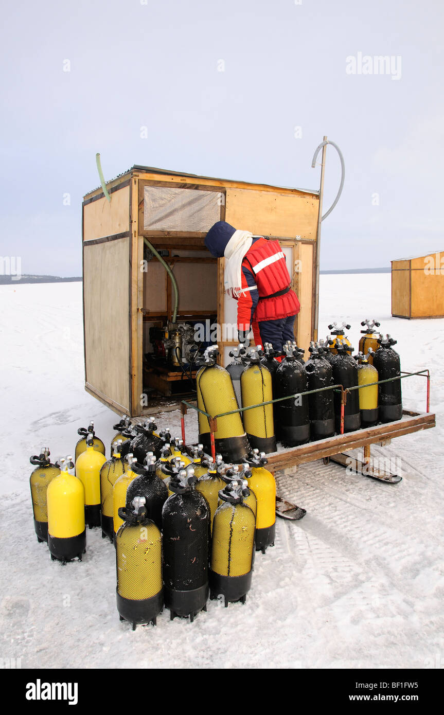 compressor, tanks on ice diving camp, White Sea, Russia Stock Photo - Alamy