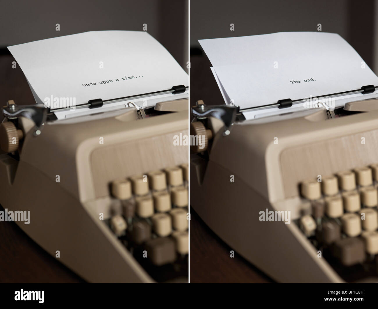 Two typewriters with the beginning and end of a script Stock Photo - Alamy