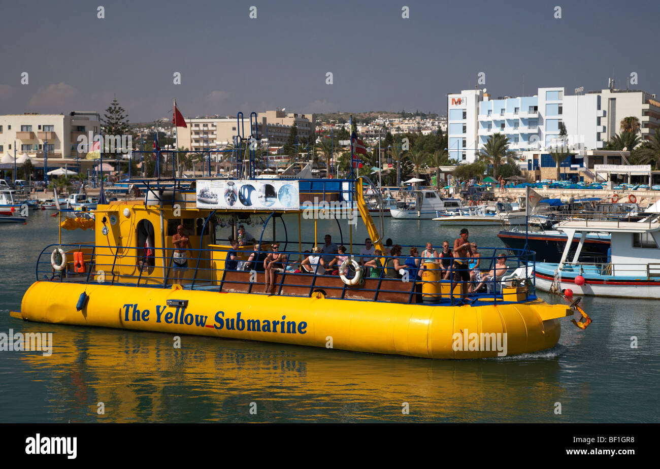 tourists on yellow submarine tourist boat leaving ayia napa harbour on ...