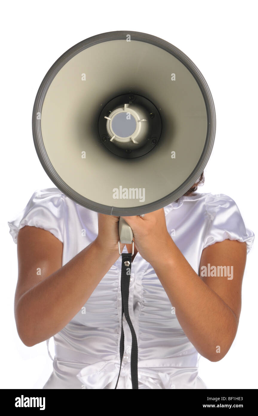 Young businesswoman with megaphone isolated on a white background Stock ...