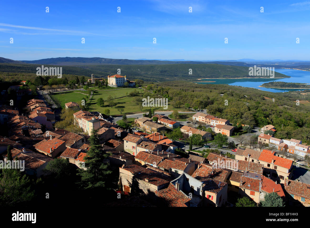 The village of Aiguines and the SAinte Croix lake in the Verdon ...