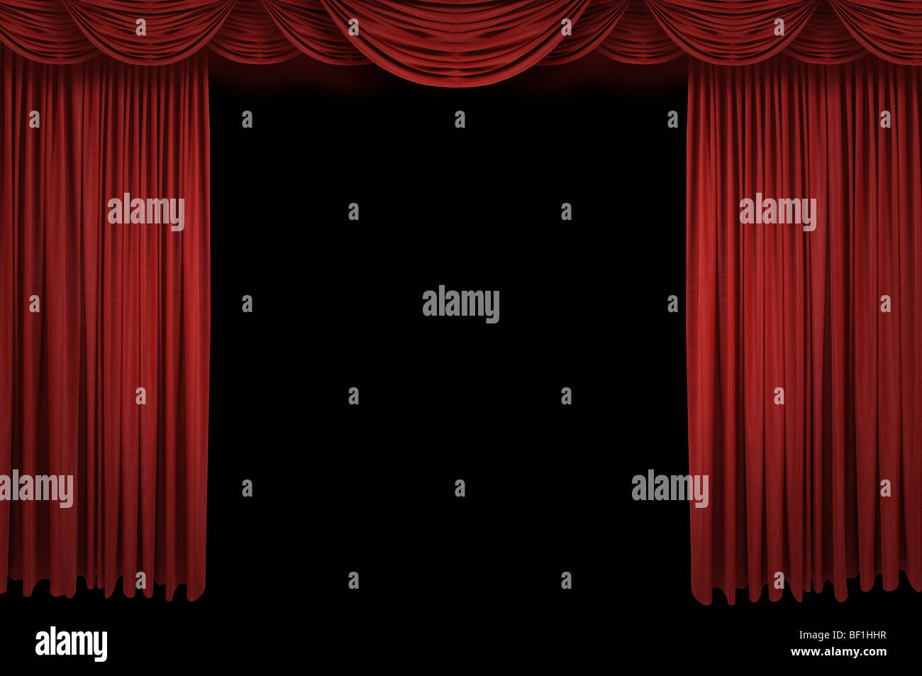 Large red curtain stage opening with spot lights and dark background ...