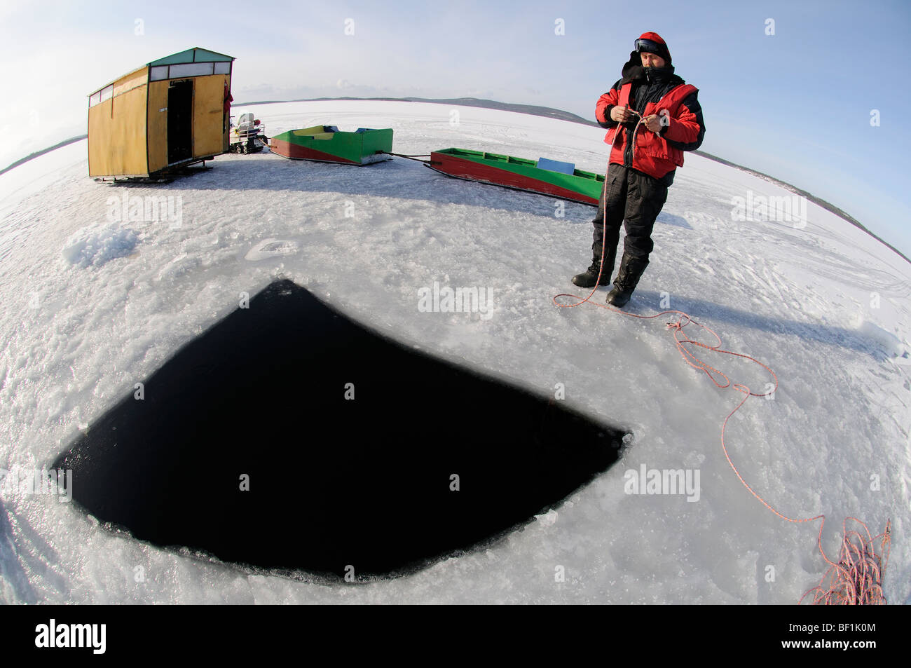 ice camp, ice hole, ice diving, White Sea, Russia Stock Photo - Alamy