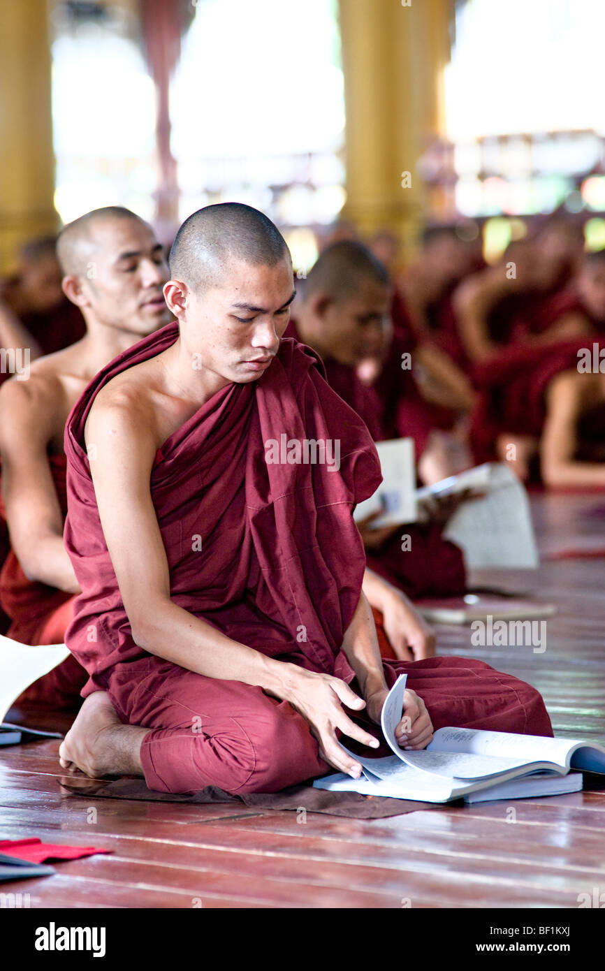 Monks studying inside a school, Bago, Yangoon, Myanmar Stock Photo - Alamy