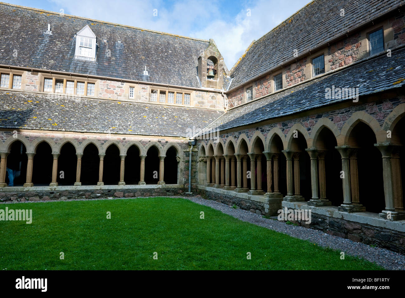 The cloisters and stone carvings of Iona Abbey on the Isle of Iona ...