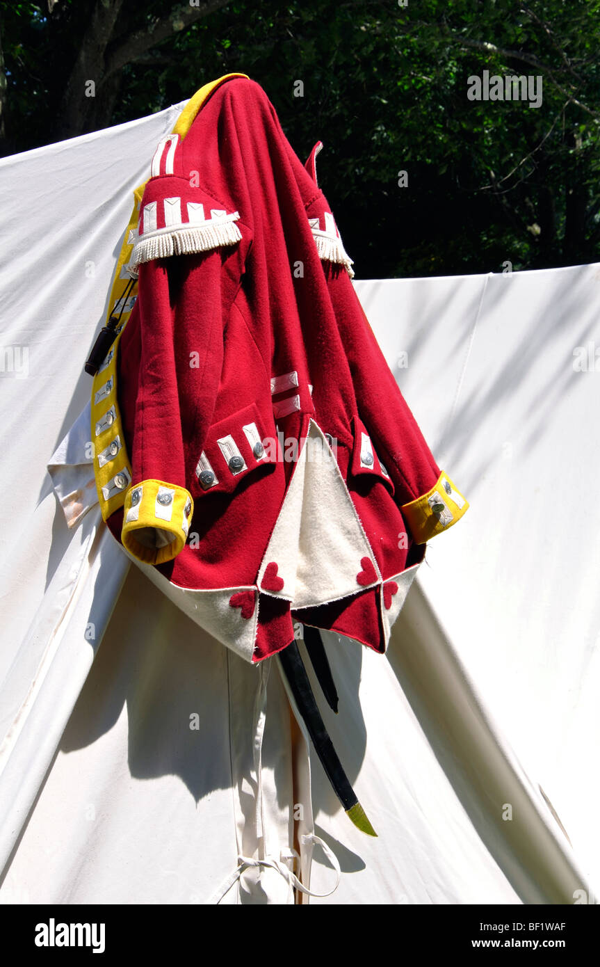British Redcoat's uniform hanging on tent in military camp - costumed ...