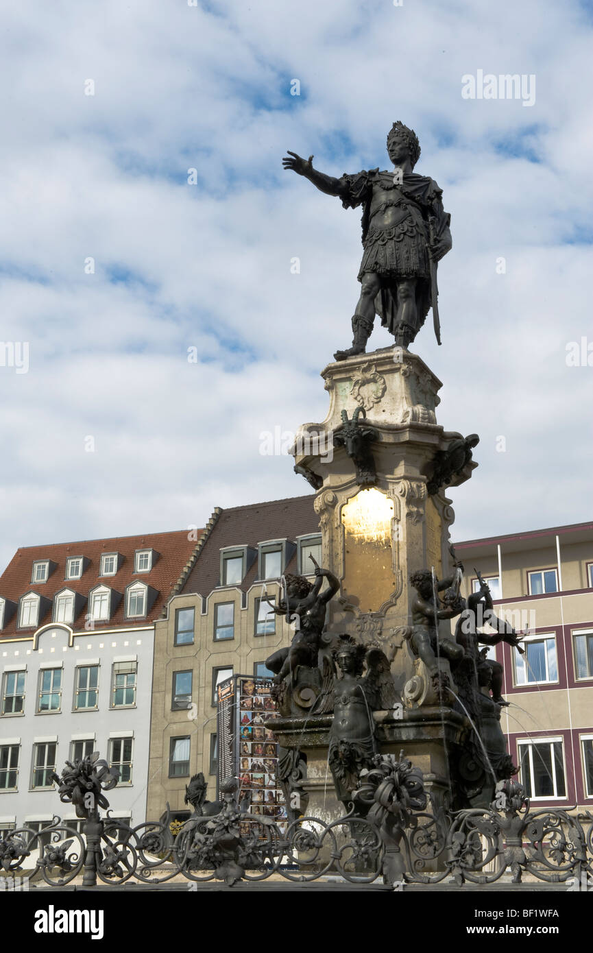 Augustus statue on the Augustus fountain in the Rathausplatz square ...