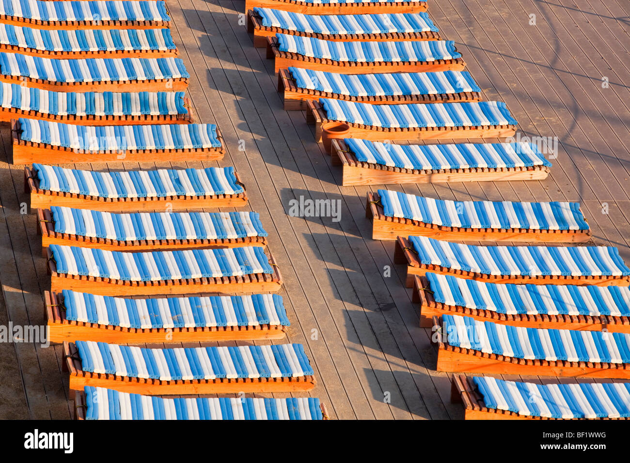 Sunbathing lungers at a holiday resort in Teos, Western Turkey Stock ...