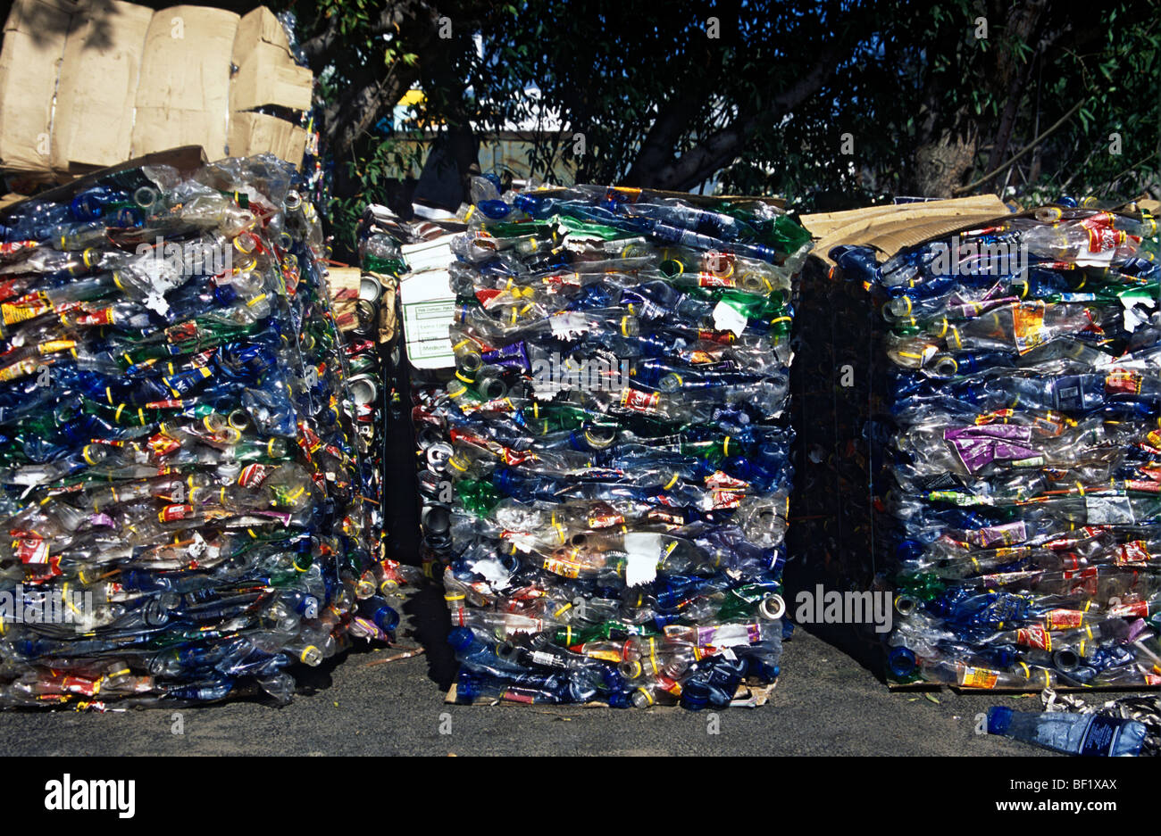 Discarded plastic bottles crushed and bailed awaiting recycling Stock ...