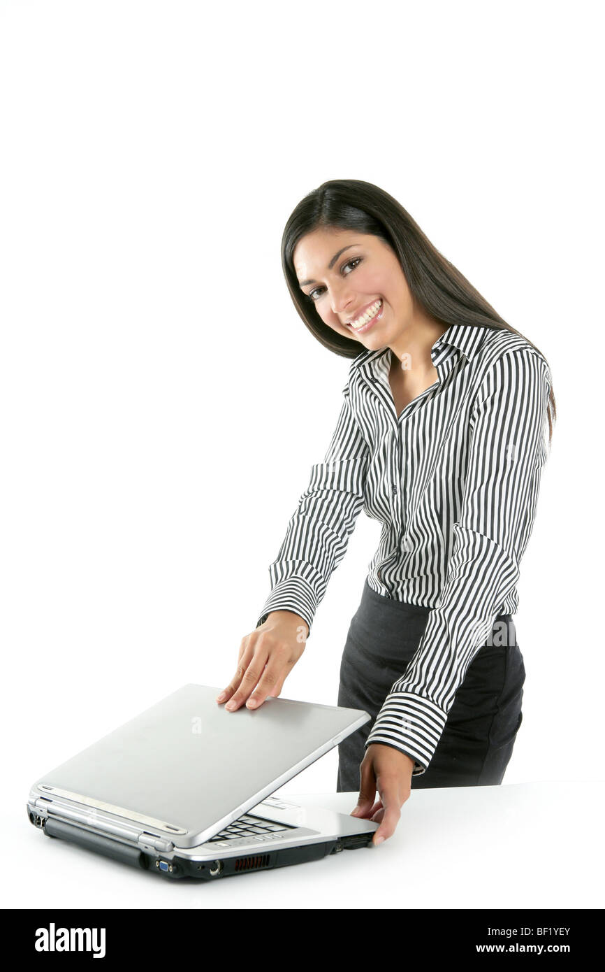 Beautiful brunette woman opening laptop computer Stock Photo - Alamy