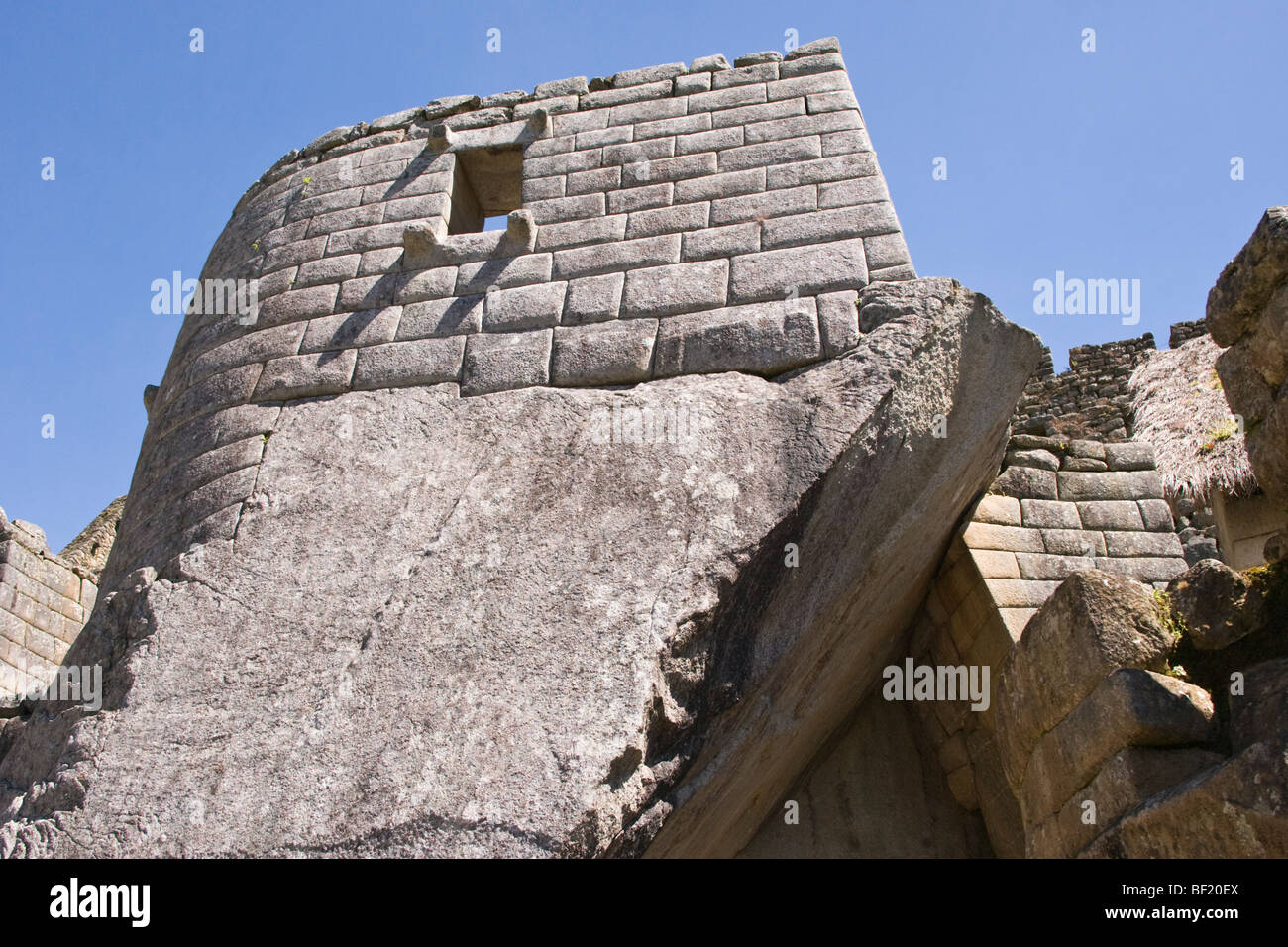 Odd shaped building at the ancient Inca ruins at Machu Picchu in Peru ...