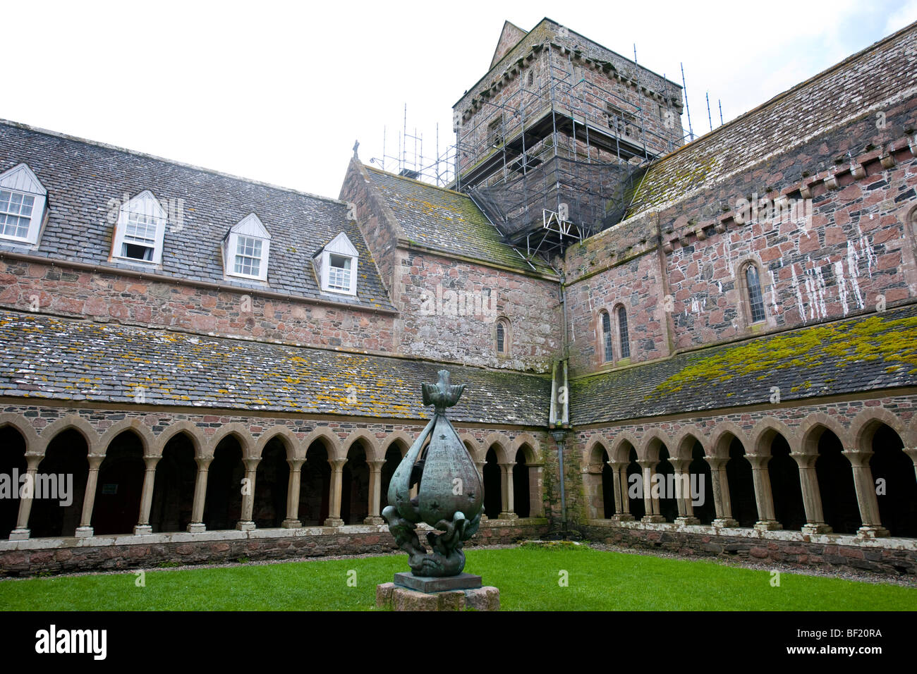 The cloisters and stone carvings of Iona Abbey on the Isle of Iona ...