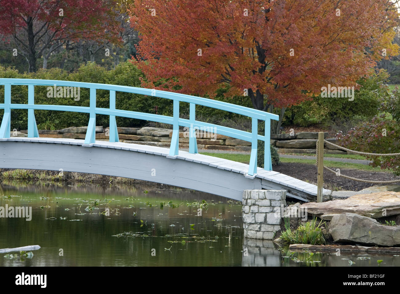 Footbridge over pond in fall Stock Photo - Alamy