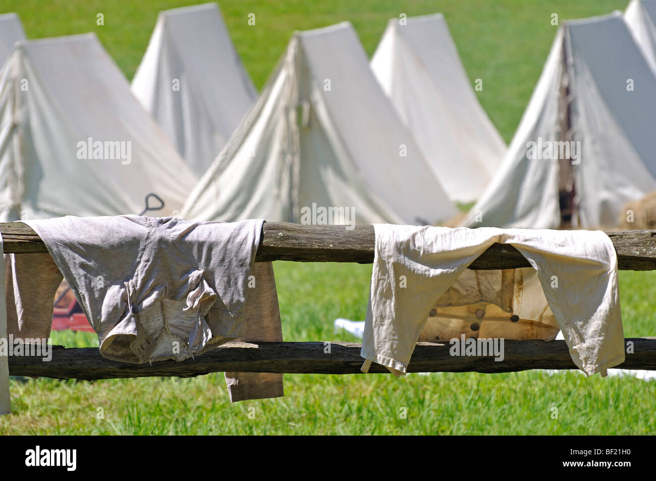 Drying clothes on fence in military tent camp - costumed American ...