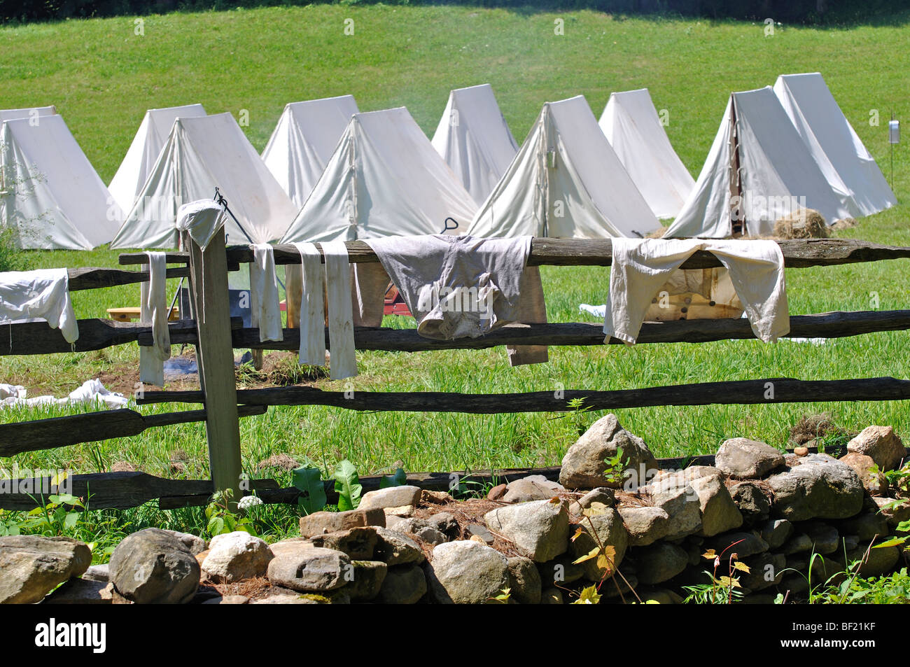 Drying clothes on fence in military tent camp - costumed American ...