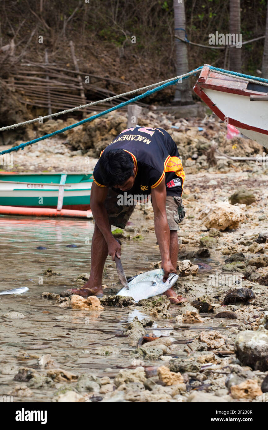 Filipino fisherman descaling a freshly caught fish. Guimaras Island ...