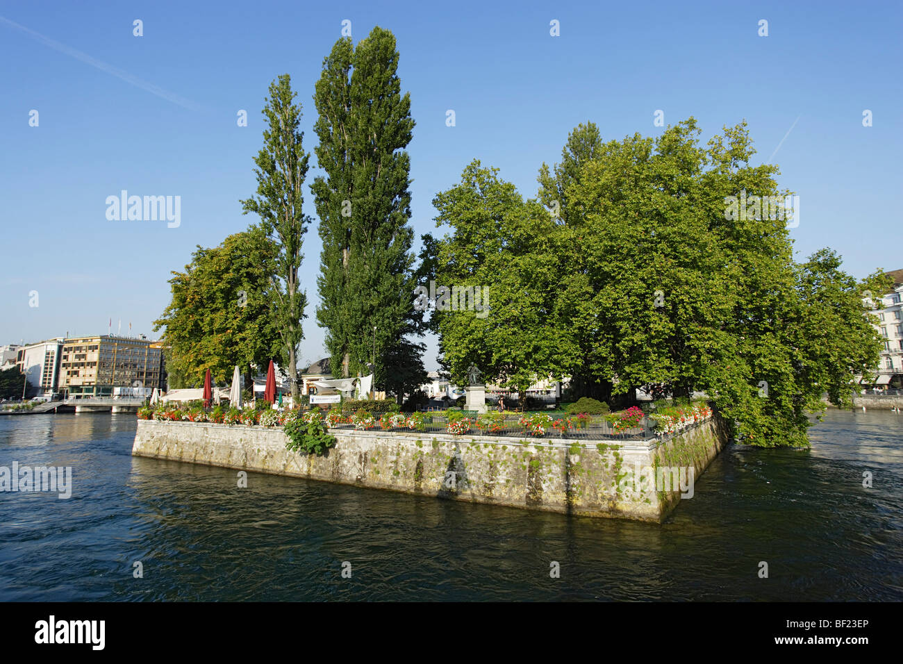 Ile Rousseau with statue of Jean-Jacques Rousseau, Geneva, Canton of ...