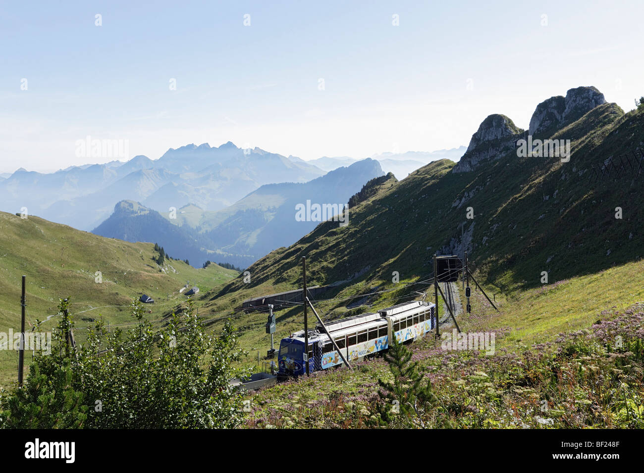 Rack railroad on summit of Roches de Naye, Montreux, Canton of Vaud ...